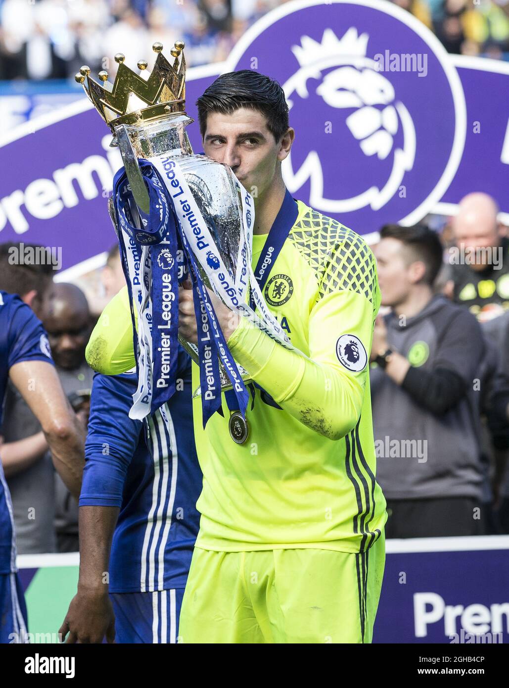 Chelsea's Thibaut Courtois celebrates with the trophy during the ...