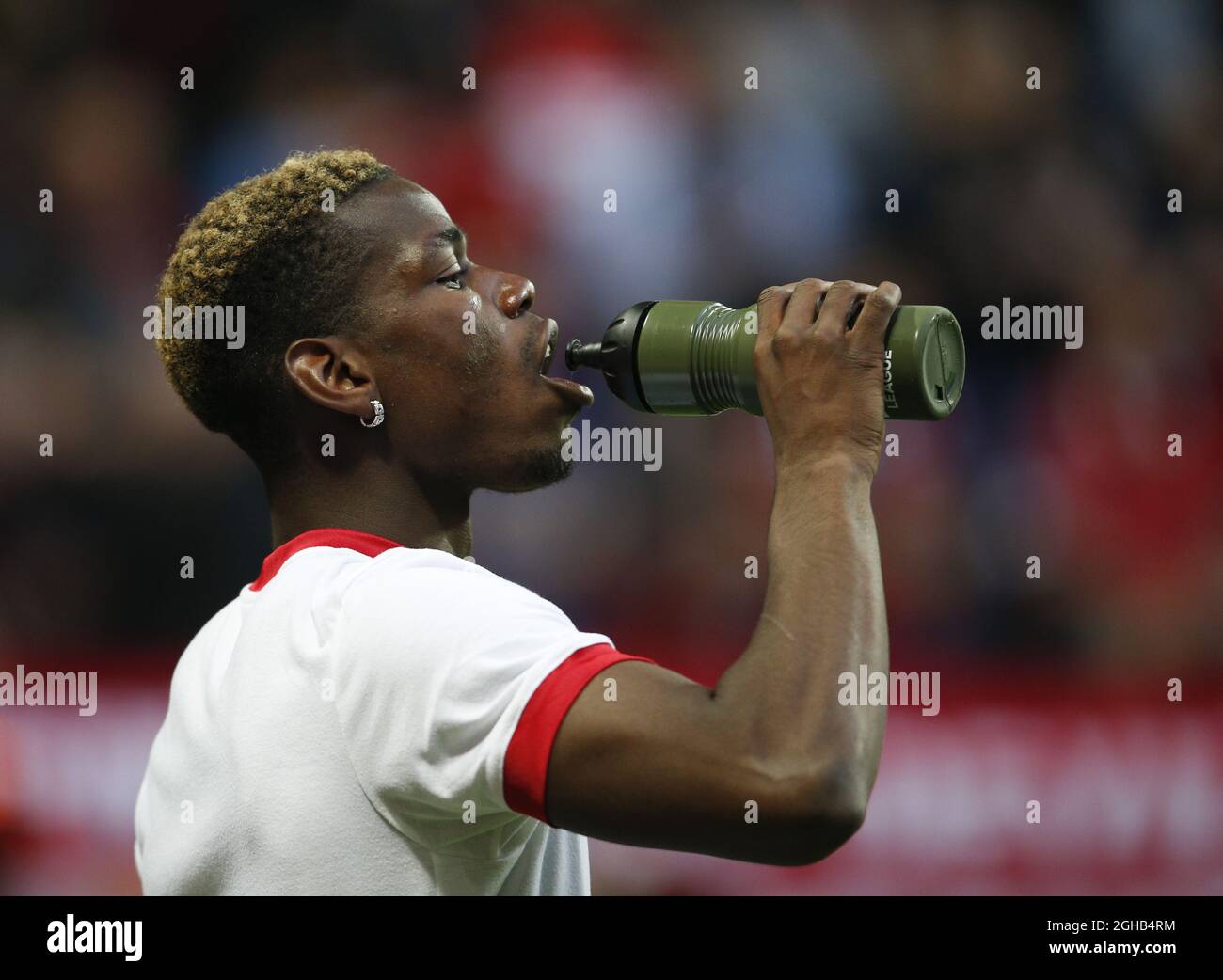 Paul Pogba of Manchester United takes on liquid during the UEFA Europa ...