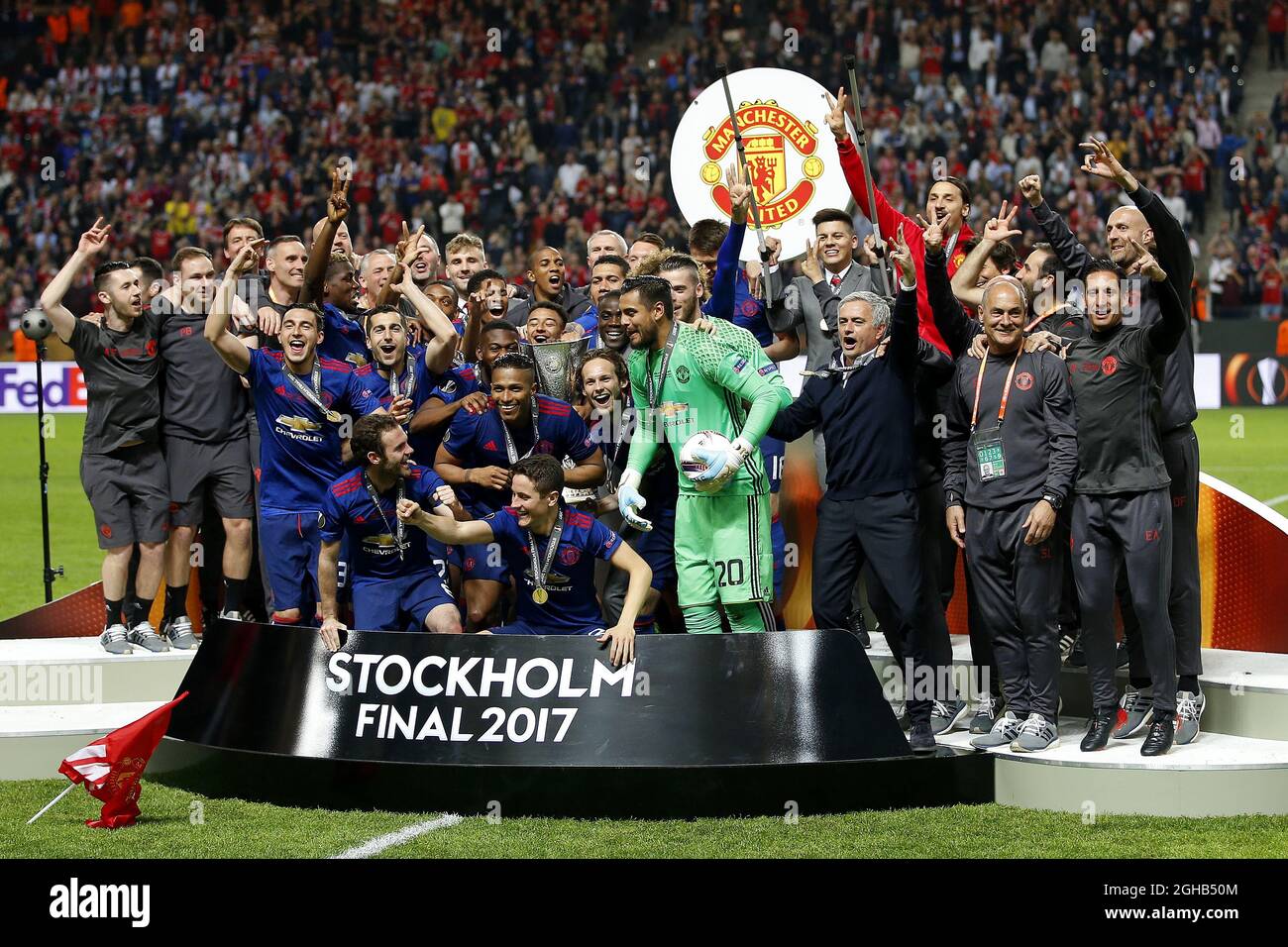 Manchester United players and staff celebrate after the UEFA Europa ...