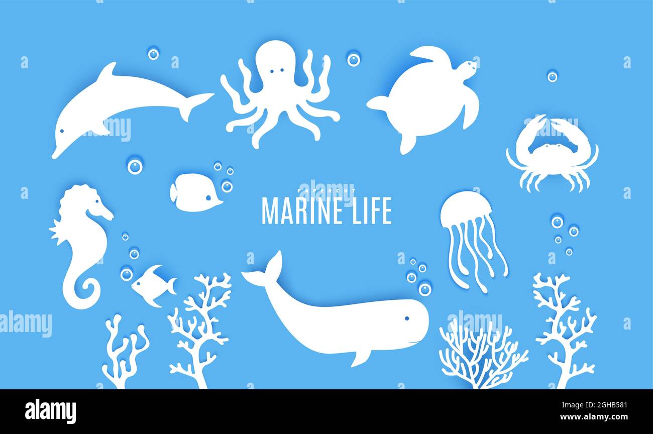 Set ot silhouette of marine life cut out of paper. Sea horse jumping ...