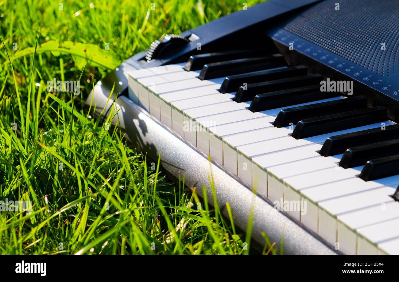 Piano Keyboard on the Green Grass with a Sunlight Stock Photo - Alamy
