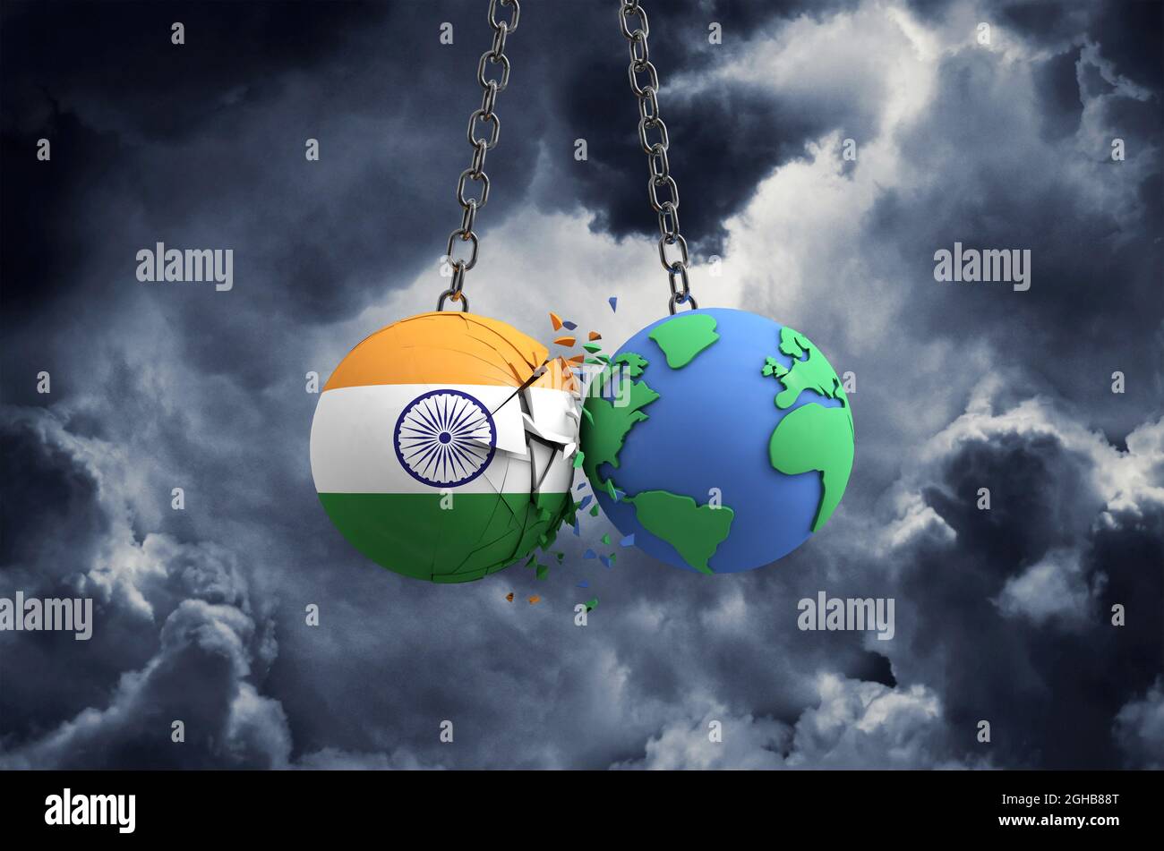 India flag ball smashing into planet earth. Global impact and disaster ...