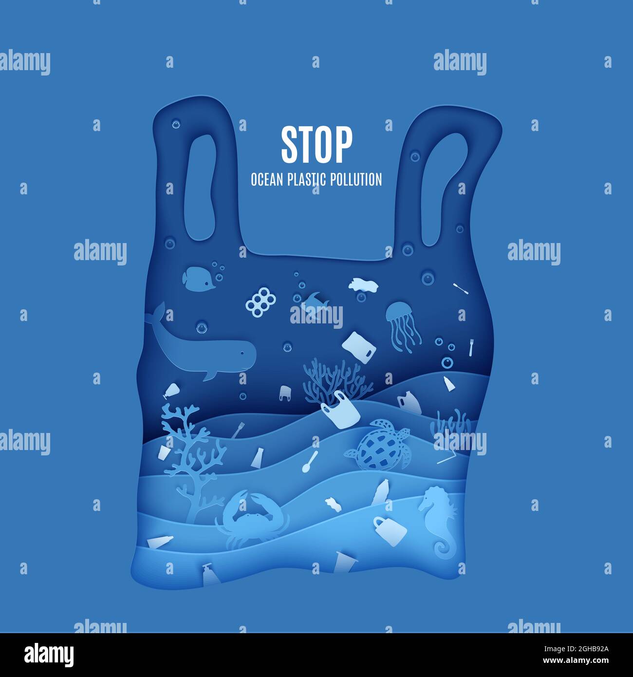 Stop ocean plastic pollution poster in paper cut style. Plastic bag ...