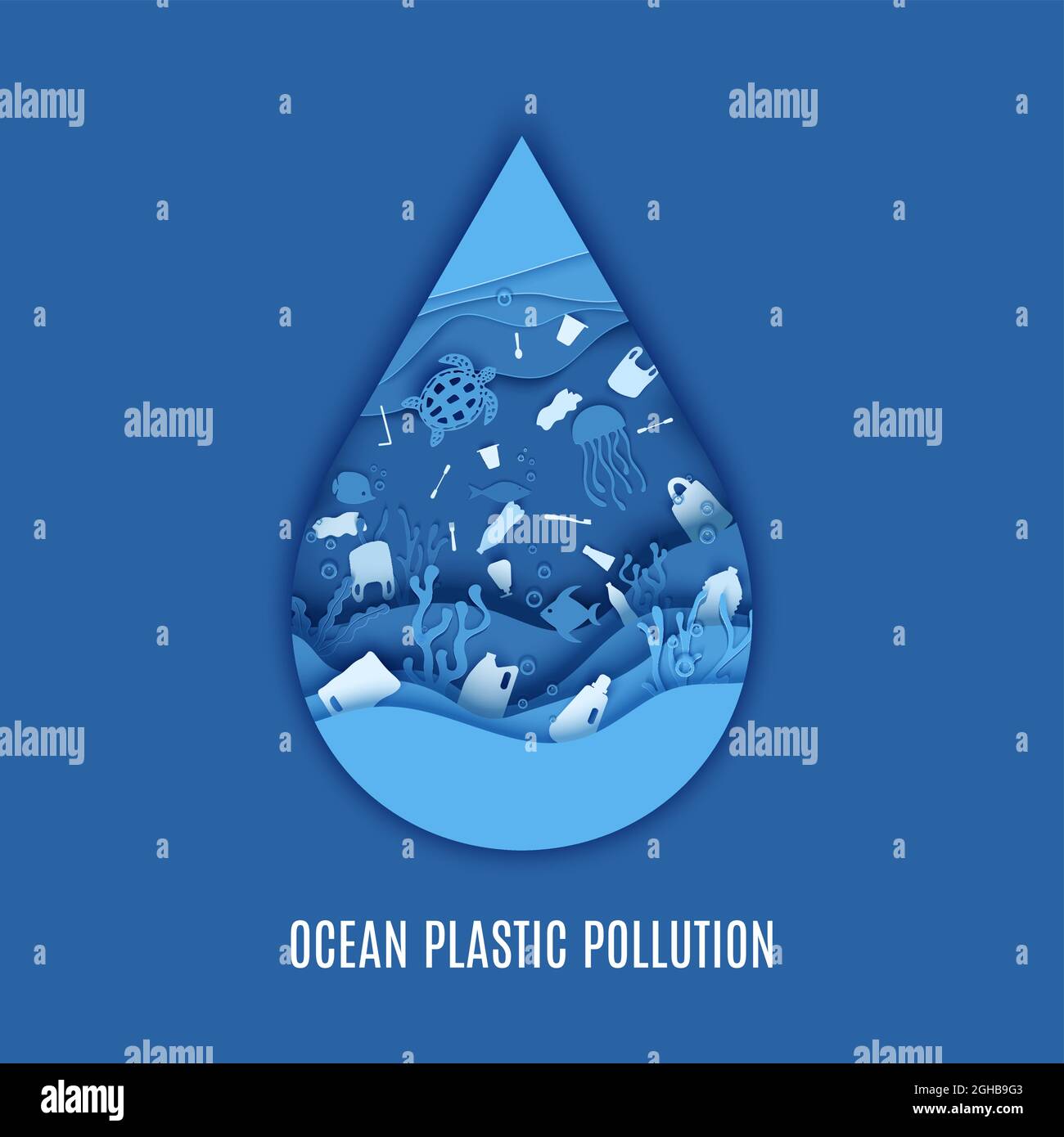 Ocean plastic pollution poster. Paper cut drop form depth under water ...