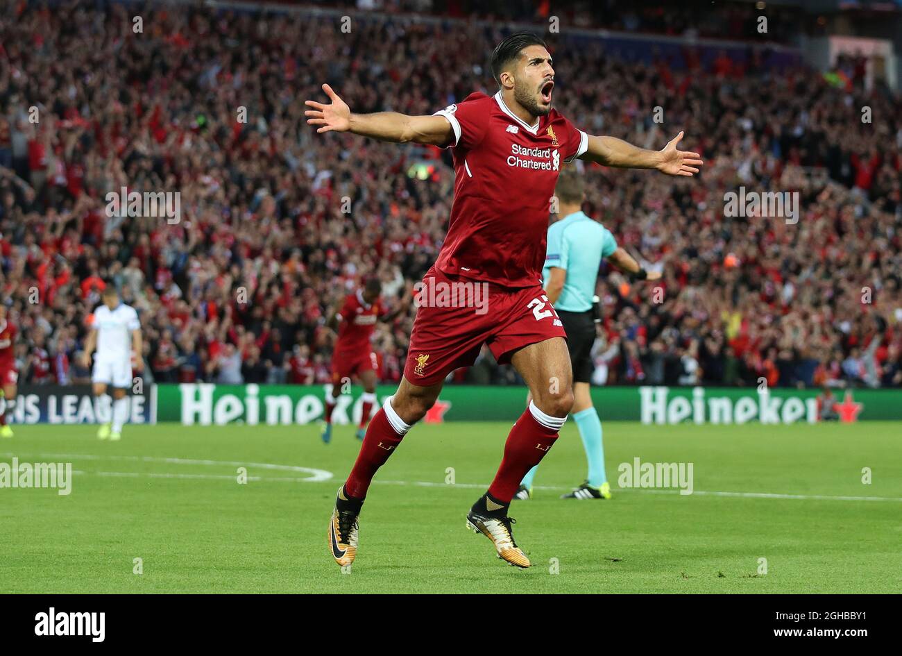 Emre Can of Liverpool celebrates scoring the opening goal during the ...