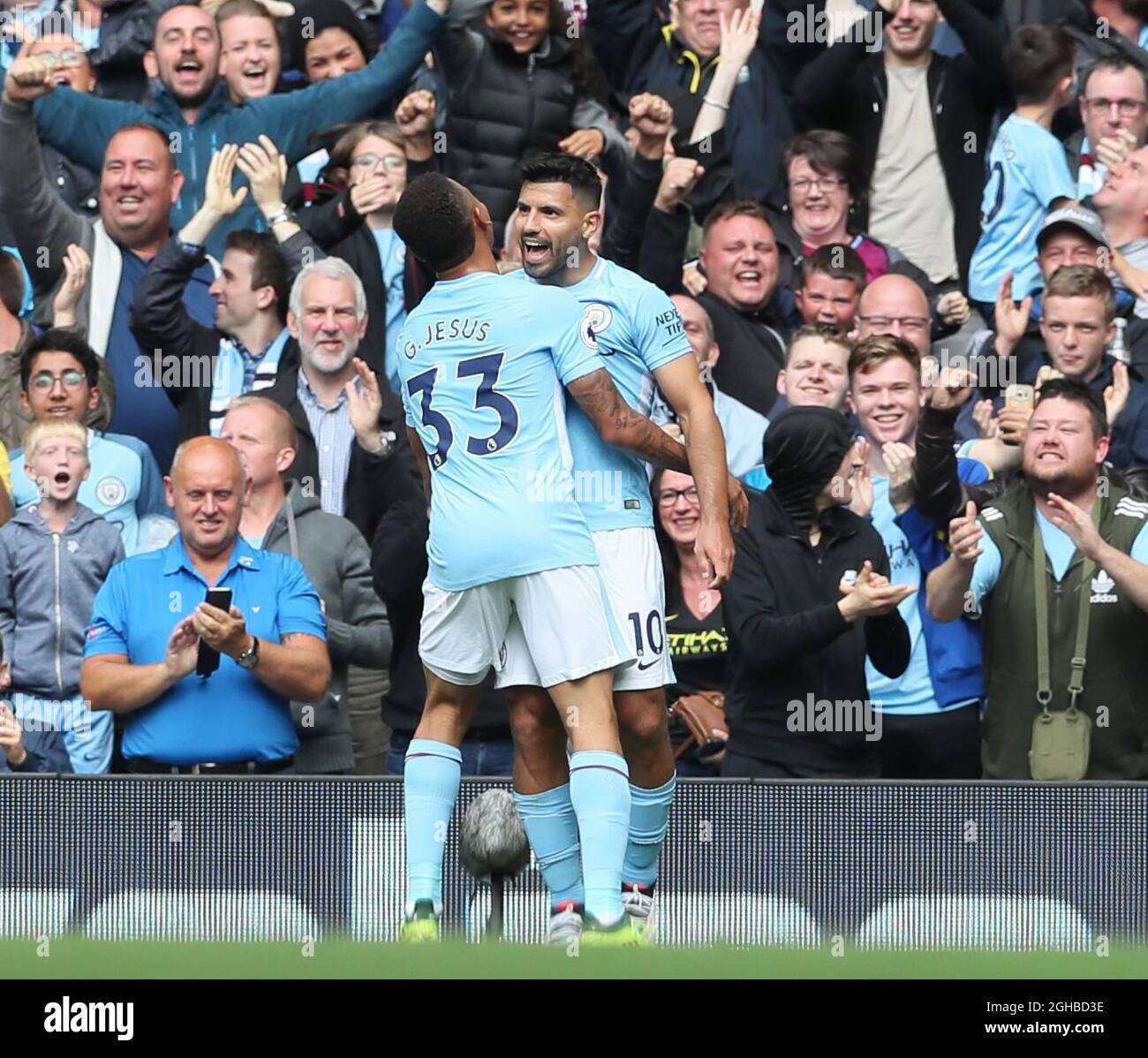 Sergio Aguero of Manchester City celebrates scoring with Gabriel Jesus ...