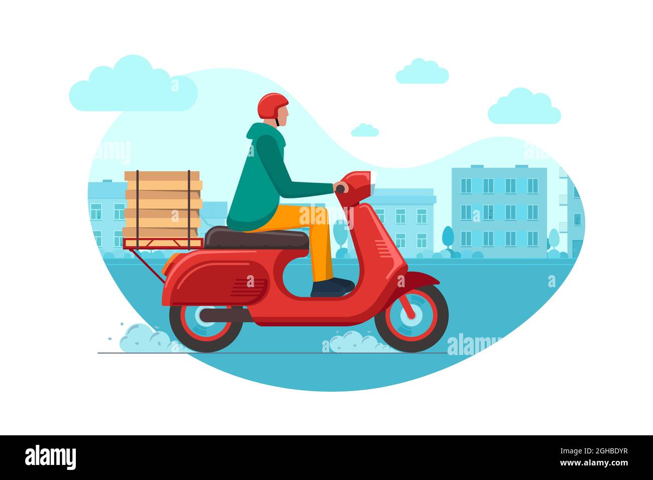 Express town pizza delivery by order service courier on moped. Fast ...