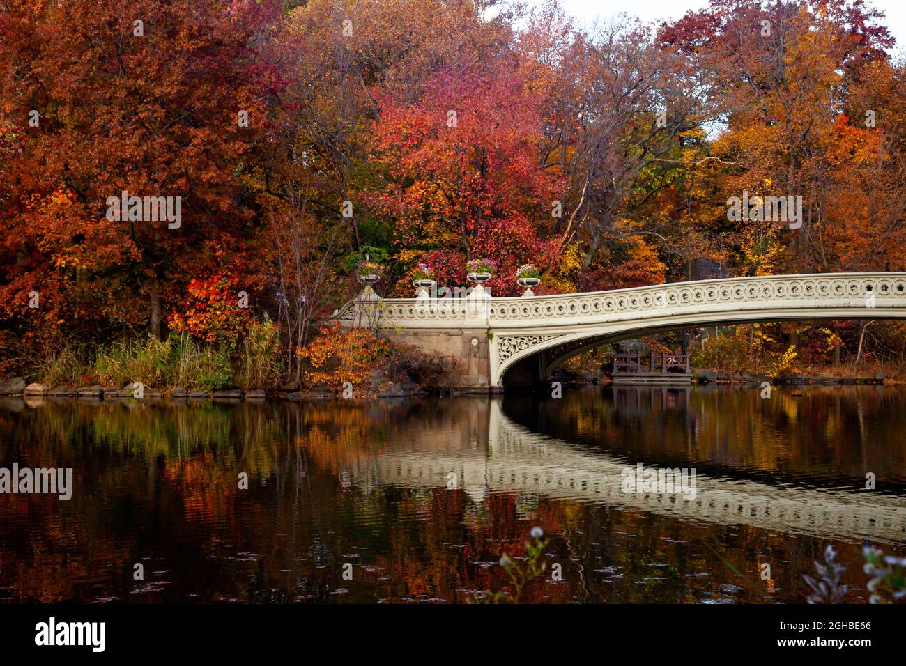 Autumn in Central Park, Upper Manhattan. Bow bridge in the fall season ...