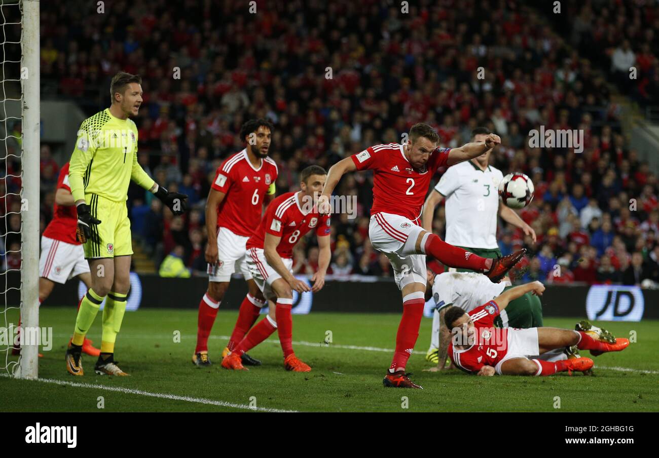 Chris Gunter of Wales clears the ball during the World Cup Qualifier ...