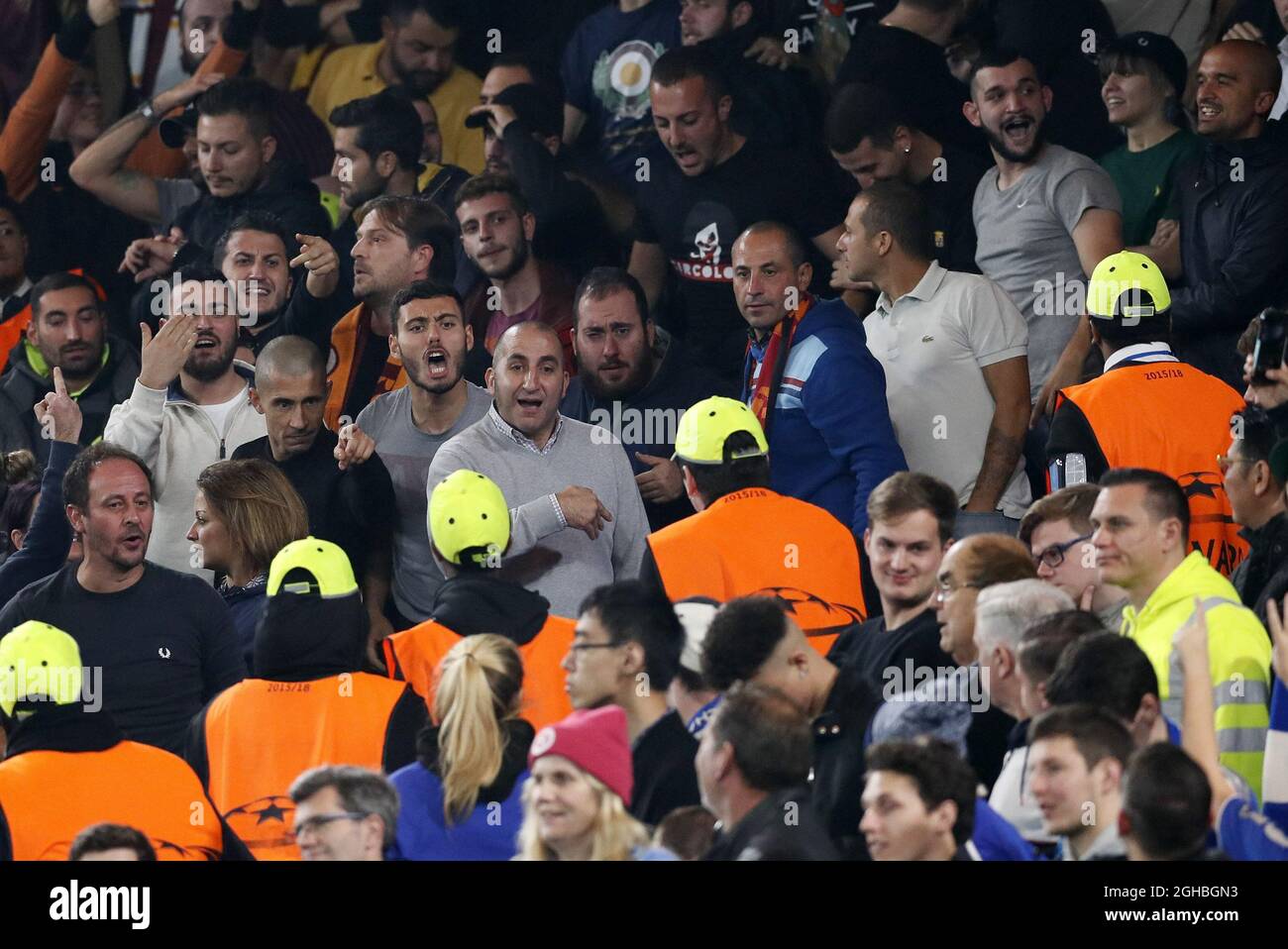 Roma's fans goad Chelsea's fans during the champions league group match ...