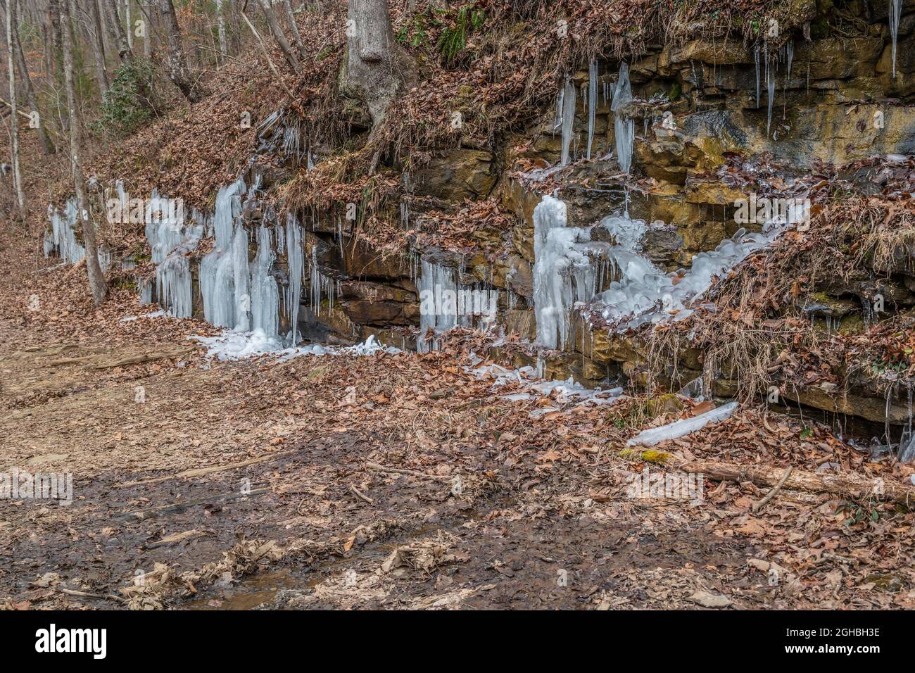 Afternoon sunlight melting the frozen ice that is trickling down the ...