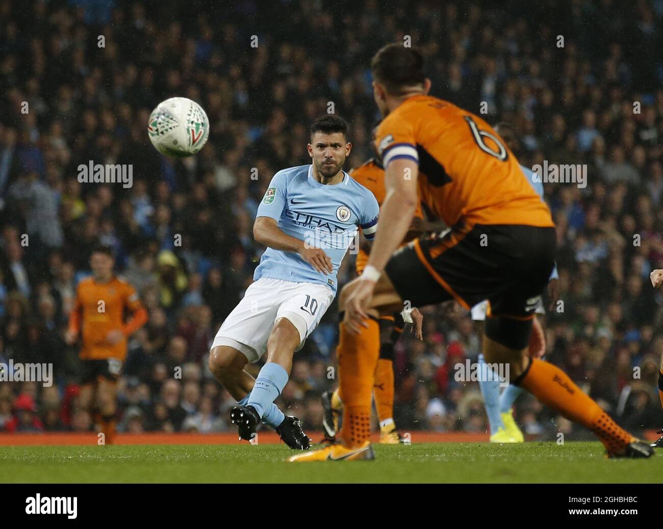 Sergio Aguero of Manchester City takes a shot on goal during the EFL ...