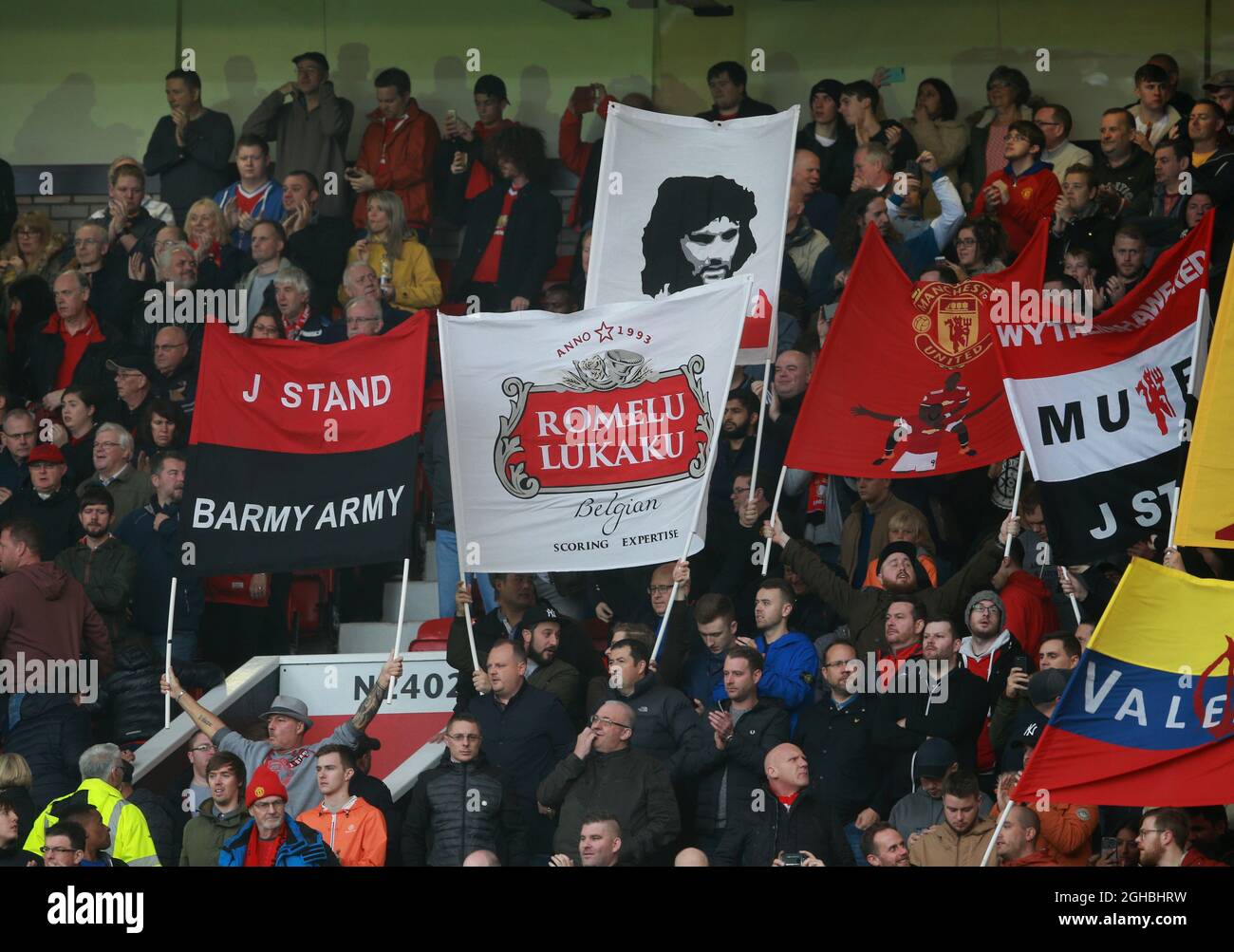 Banners held up by Manchester United fans during the premier league ...
