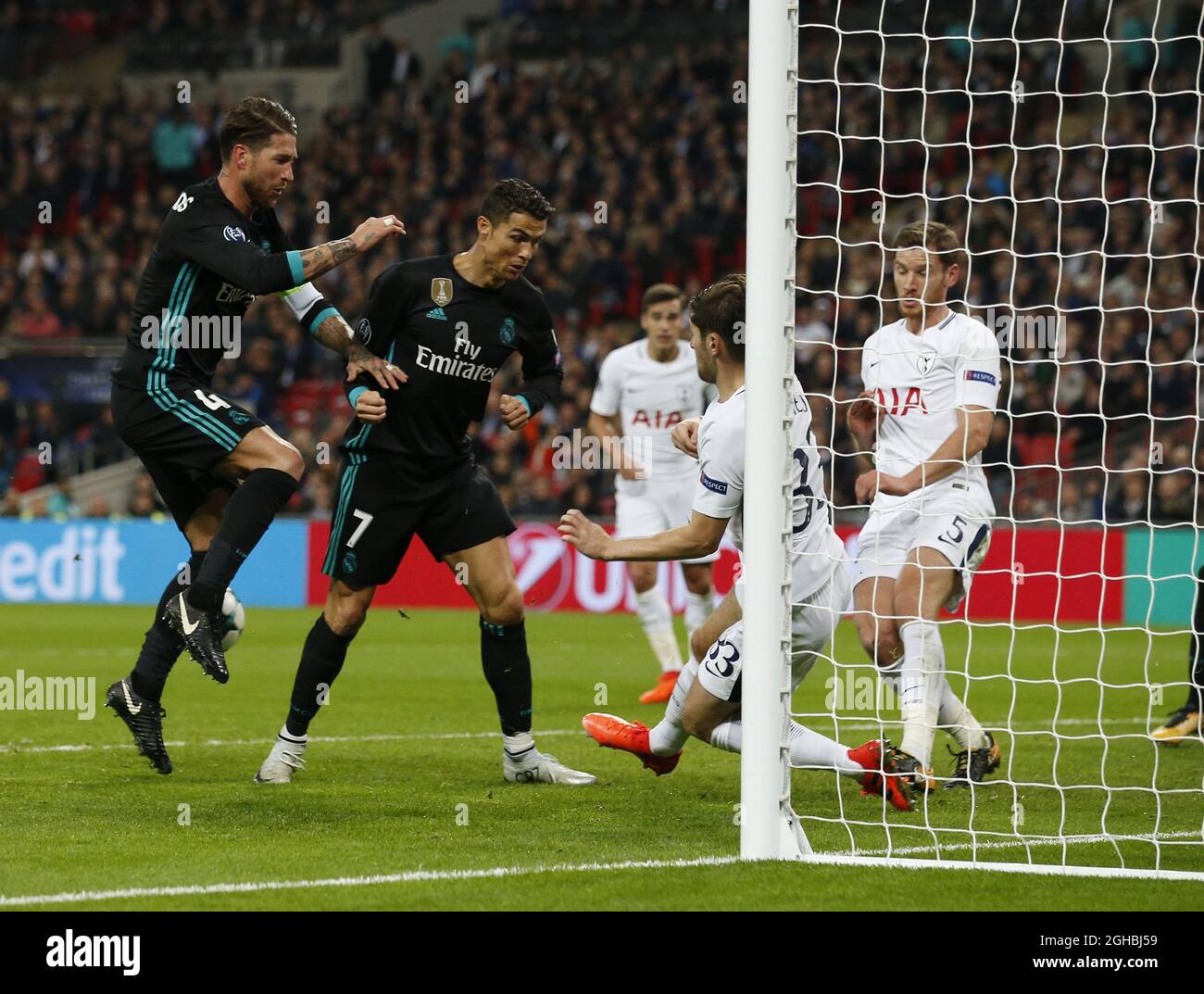 Ben Davies of Tottenham blocks from Cristiano Ronaldo of Real Madrid ...