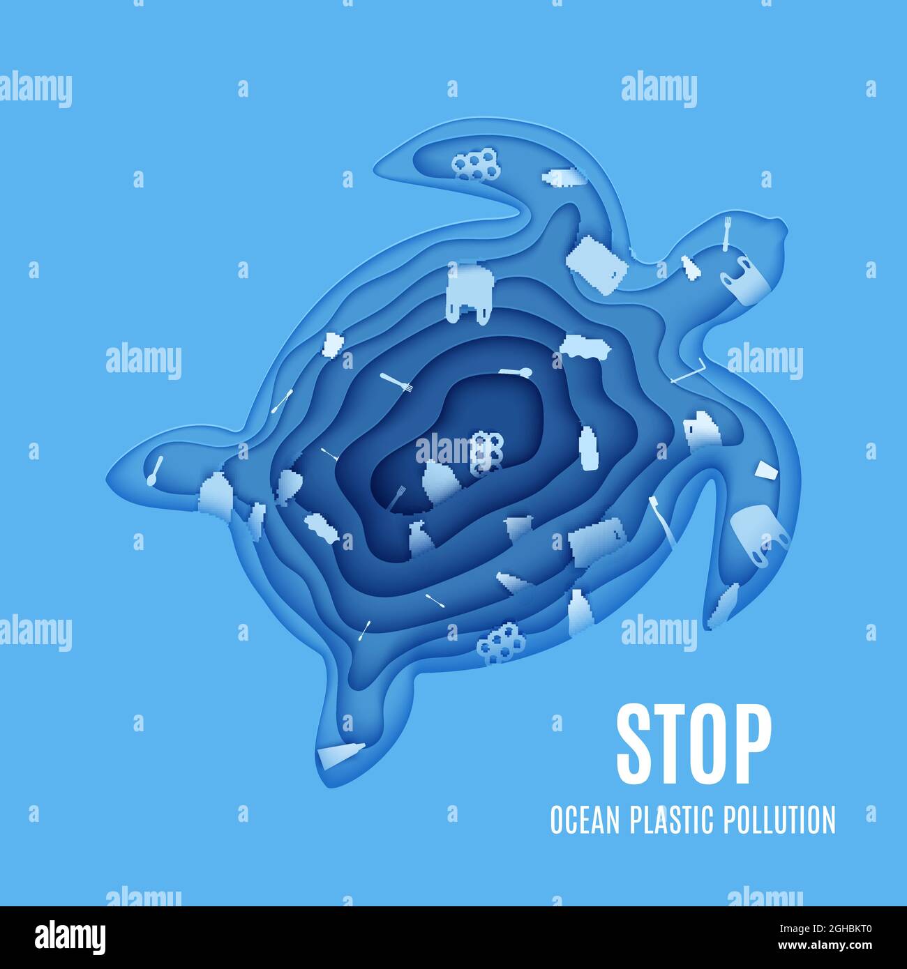 Silhouette of a turtle cut out of paper and stop ocean pollution banner ...