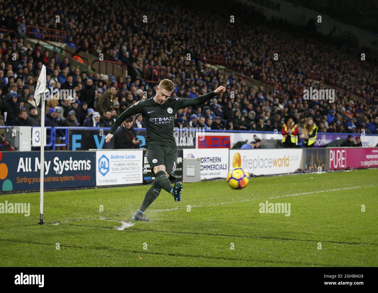 Kevin De Bruyne of Manchester City takes a corner kick during the ...