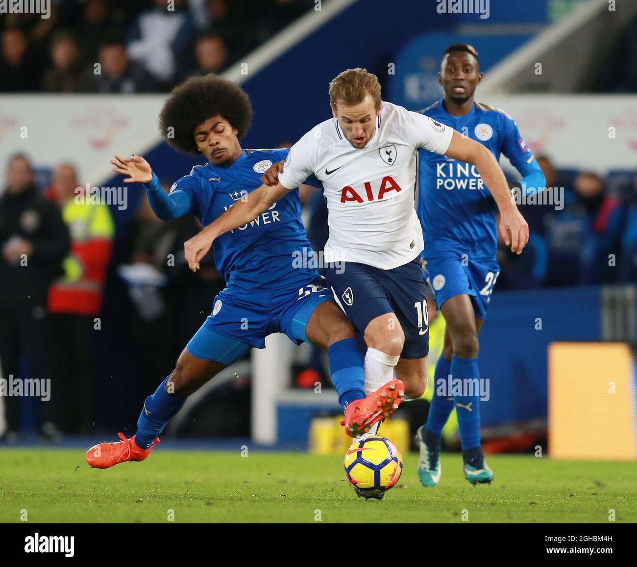 Hamza Choudhury of Leicester City tackles Harry Kane of Tottenham ...
