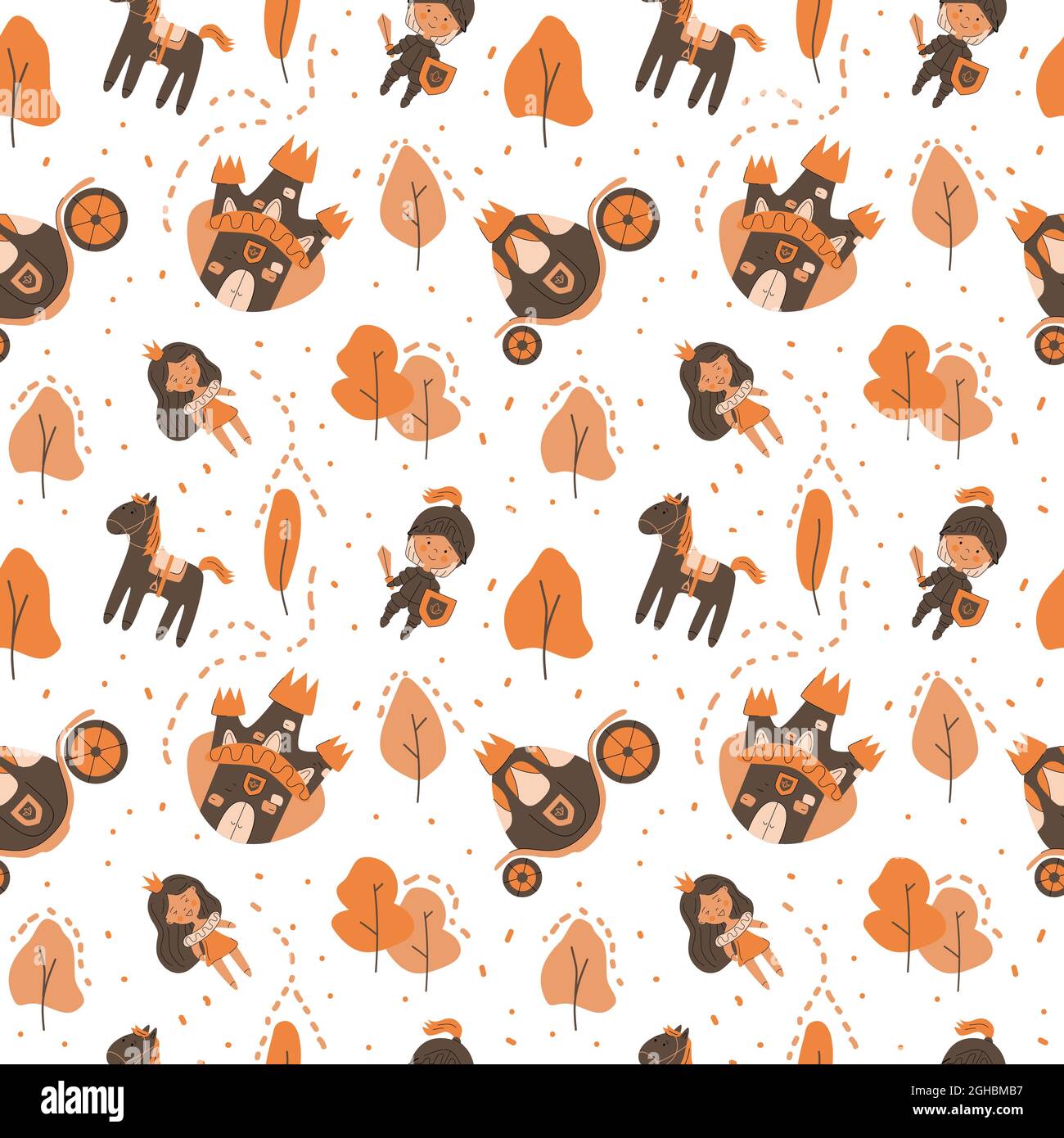 Childish autumn fairy tale seamless pattern with castle, princess ...