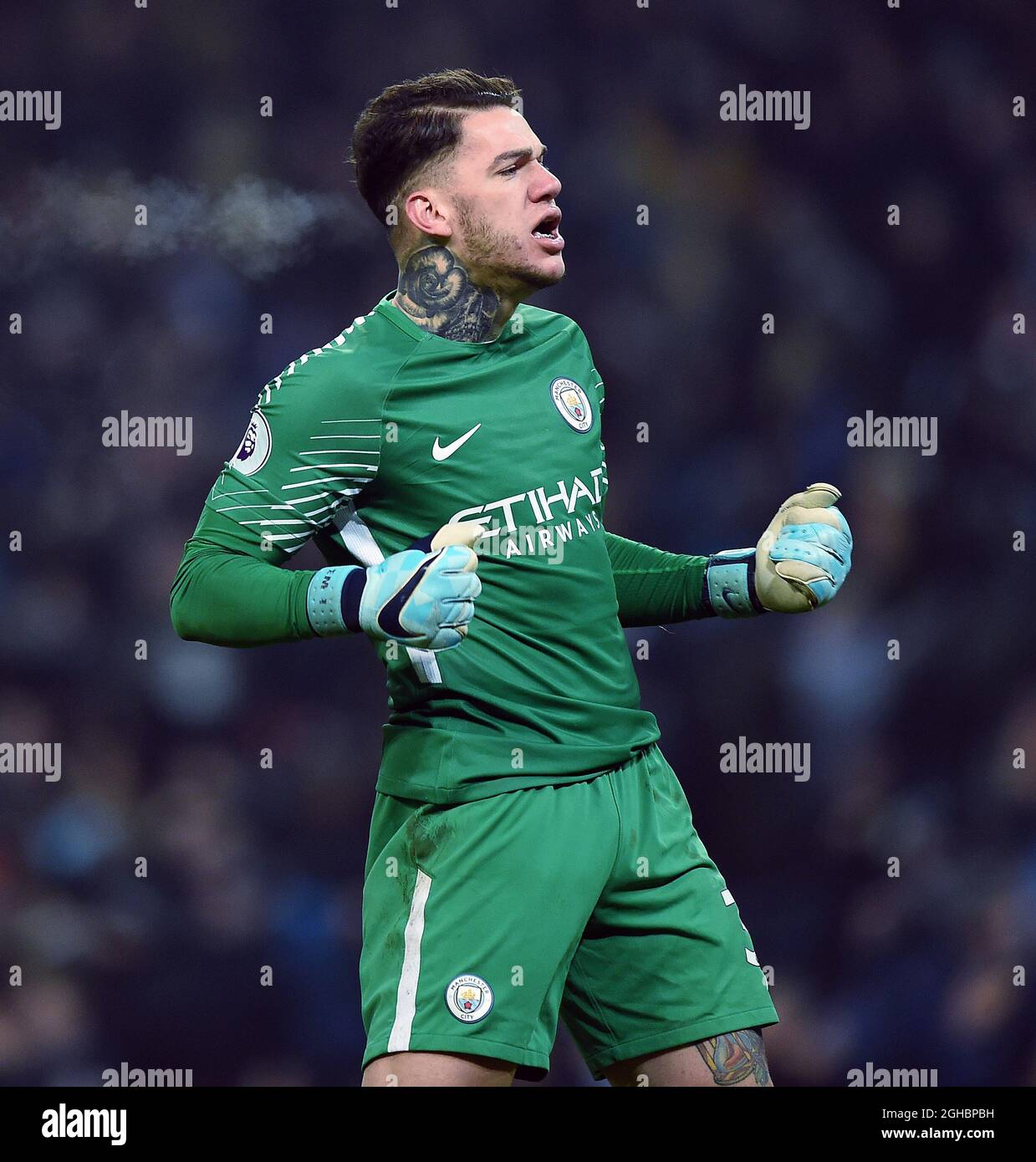 Manchester City goalkeeper Ederson celebrates during the premier league ...