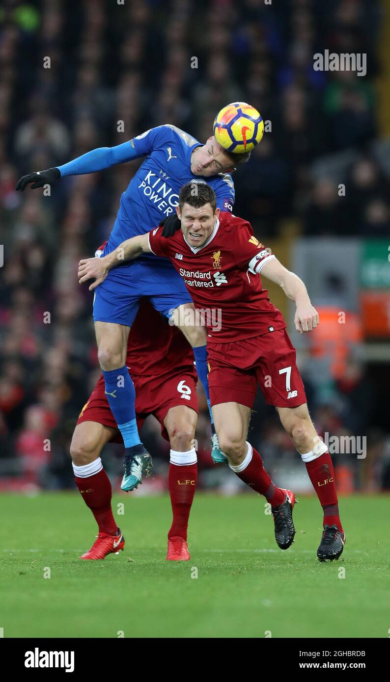 James Milner of Liverpool and Jamie Vardy of Leicester City during the ...