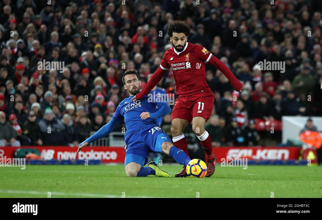 Mohamed Salah of Liverpool and Christian Fuchs of Leicester City during ...