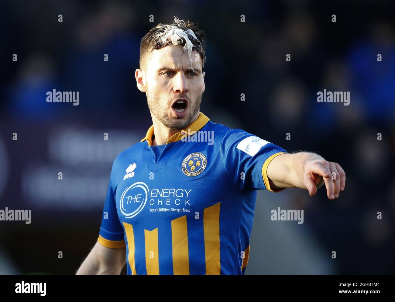 Matthew Sadler of Shrewsbury Town with vaseline to attempt to stem the ...