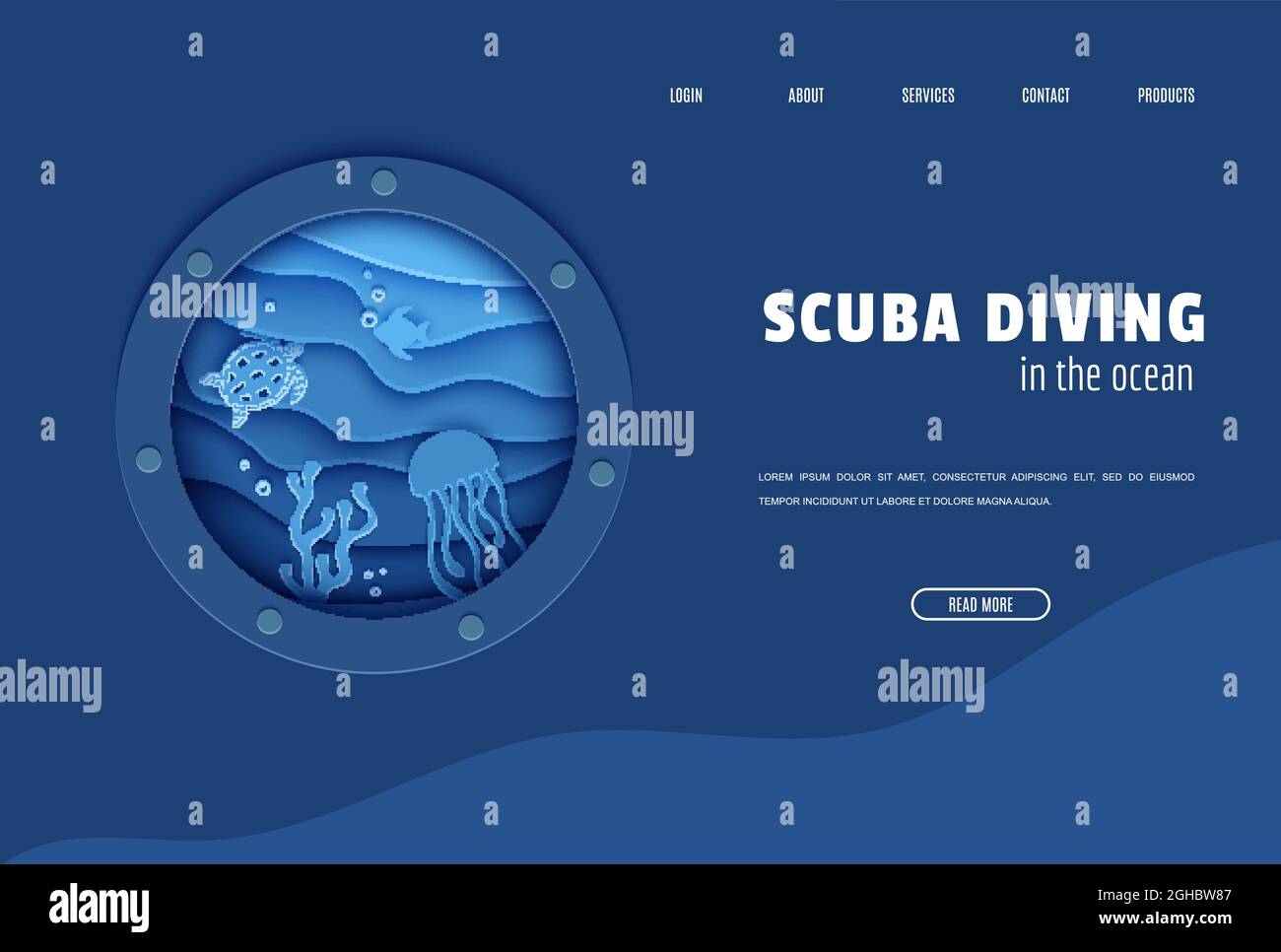 Web page design template in paper cut style underwater ocean underwater ...