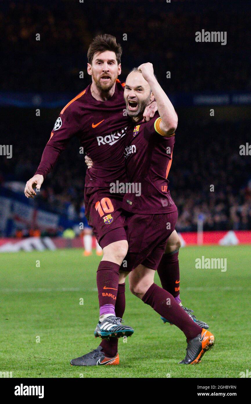 Barcelona's Lionel Messi celebrates scoring the equaliser during the ...