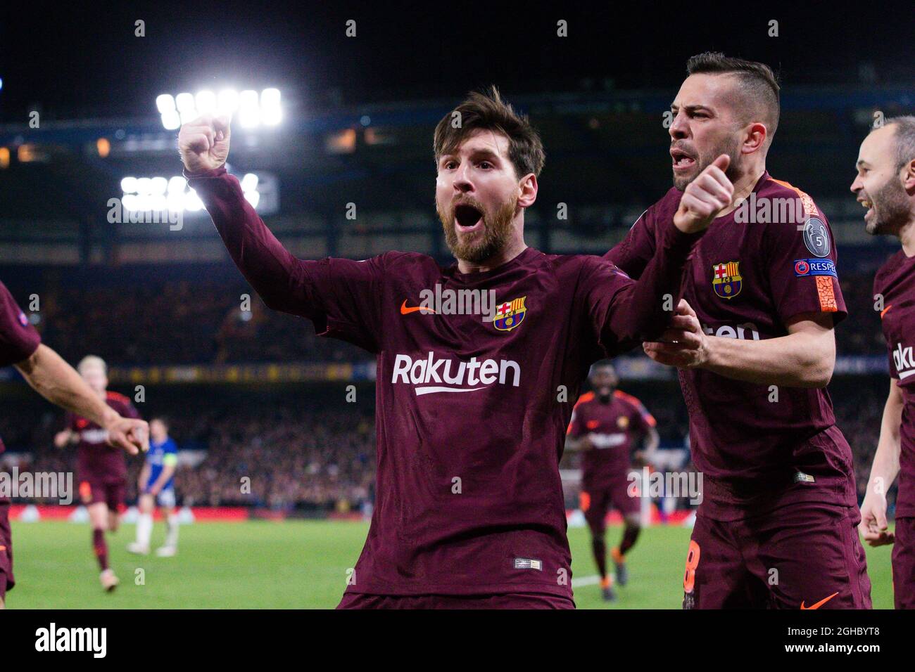 Barcelona's Lionel Messi celebrates scoring the equaliser during the ...