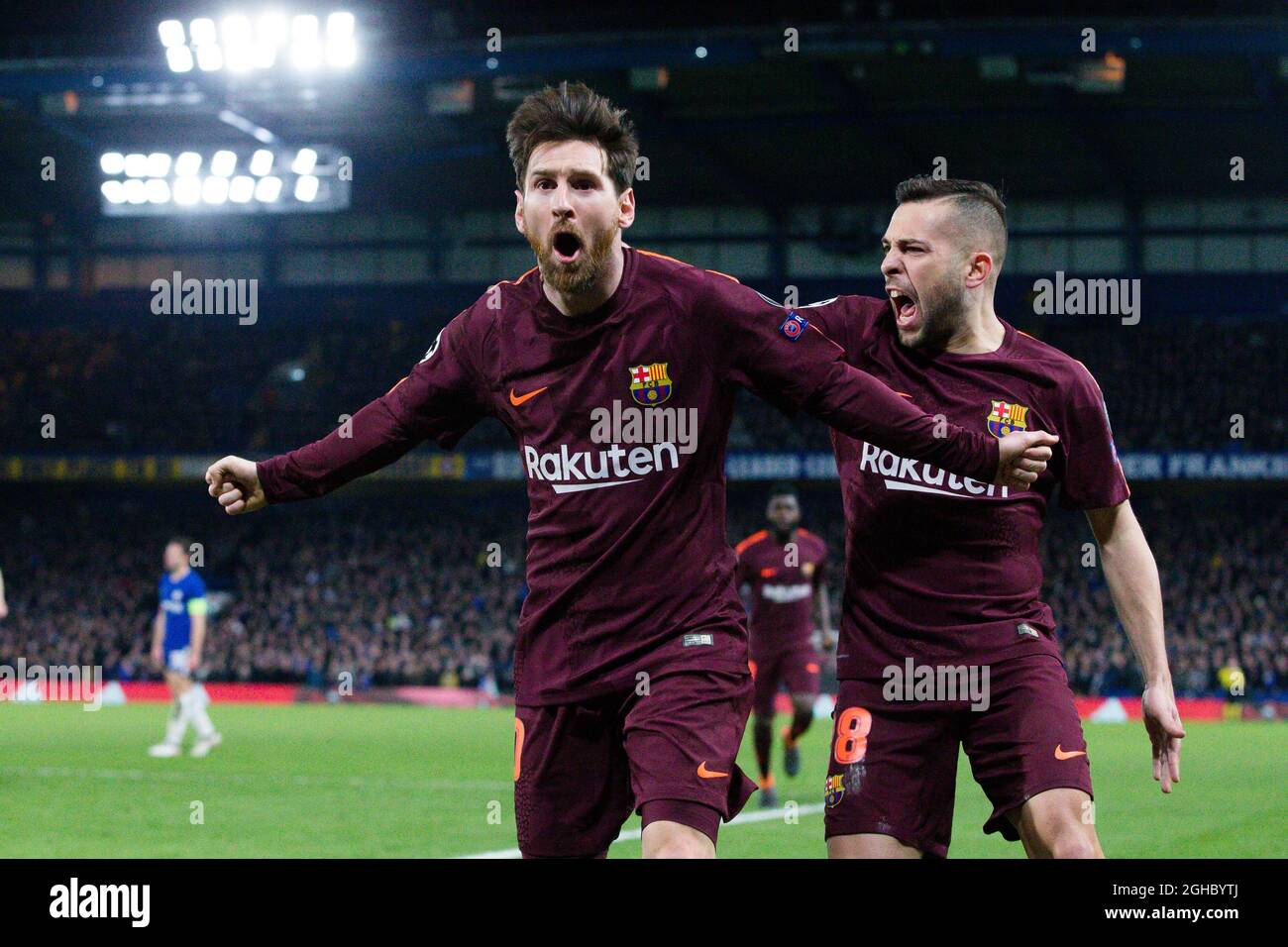 Barcelona's Lionel Messi celebrates scoring the equaliser during the ...