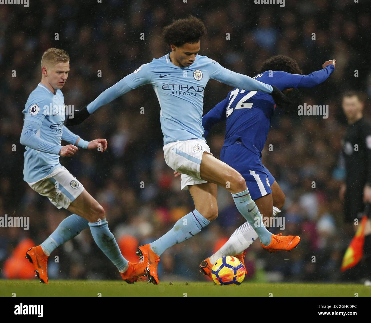 Leroy Sane of Manchester City tackles Willian of Chelsea during the ...