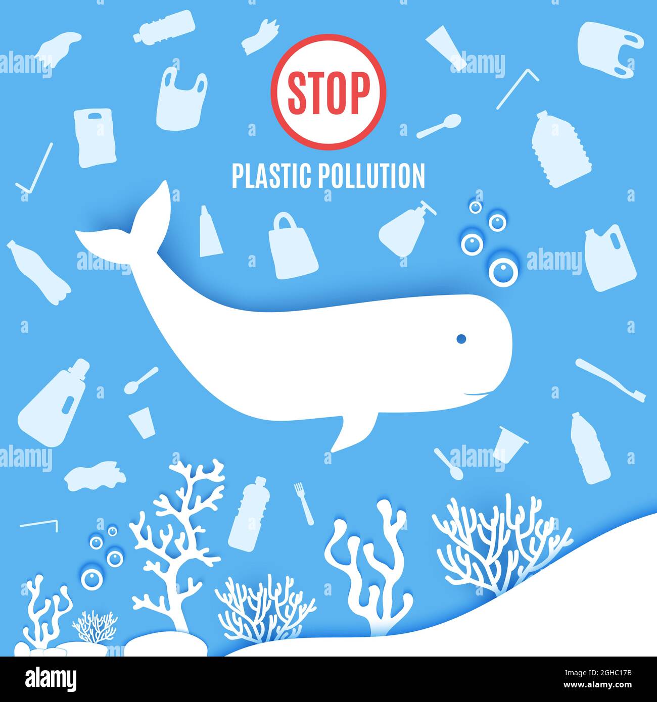 Dolphin under sea plastic trash floats around in paper cut style ...
