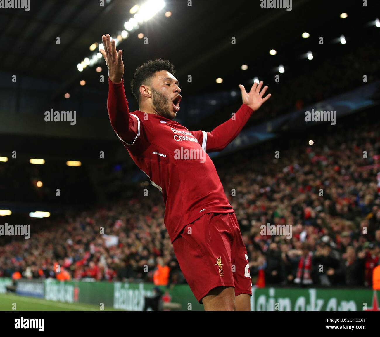 Alex Oxlade-Chamberlain of Liverpool celebrates scoring the second goal ...