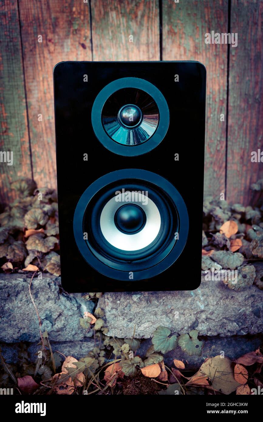 Loudspeaker Box on the Weathered Wooden Planks Background Stock Photo ...