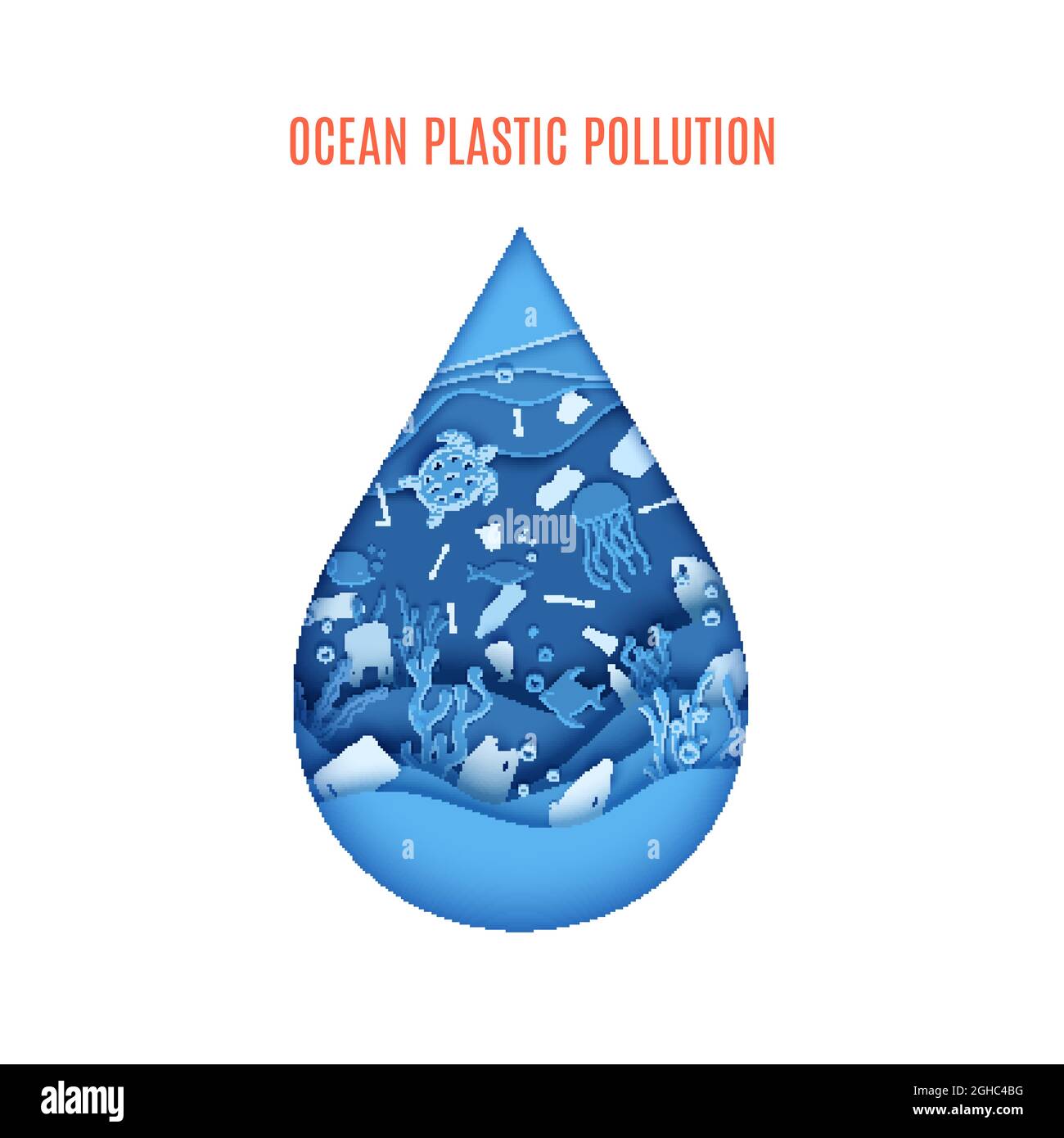 Ocean plastic pollution poster. Paper cut drop form depth under water ...