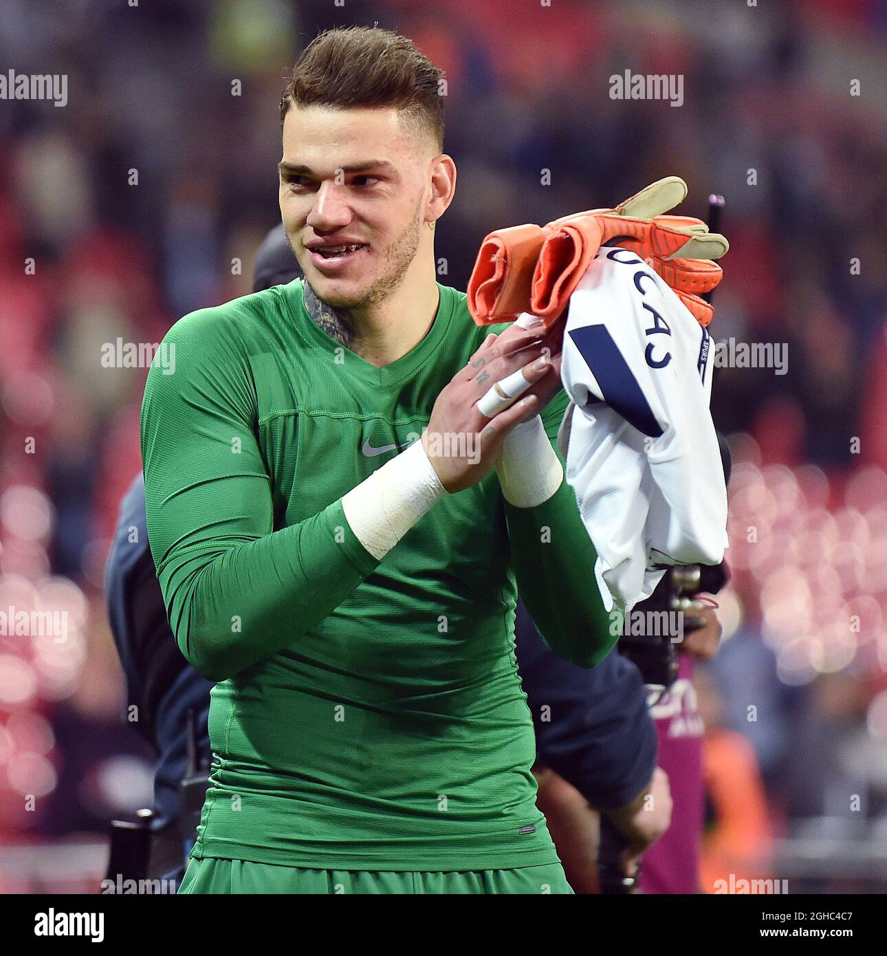 Manchester City goalkeeper Ederson thanks the fans at the end of the ...