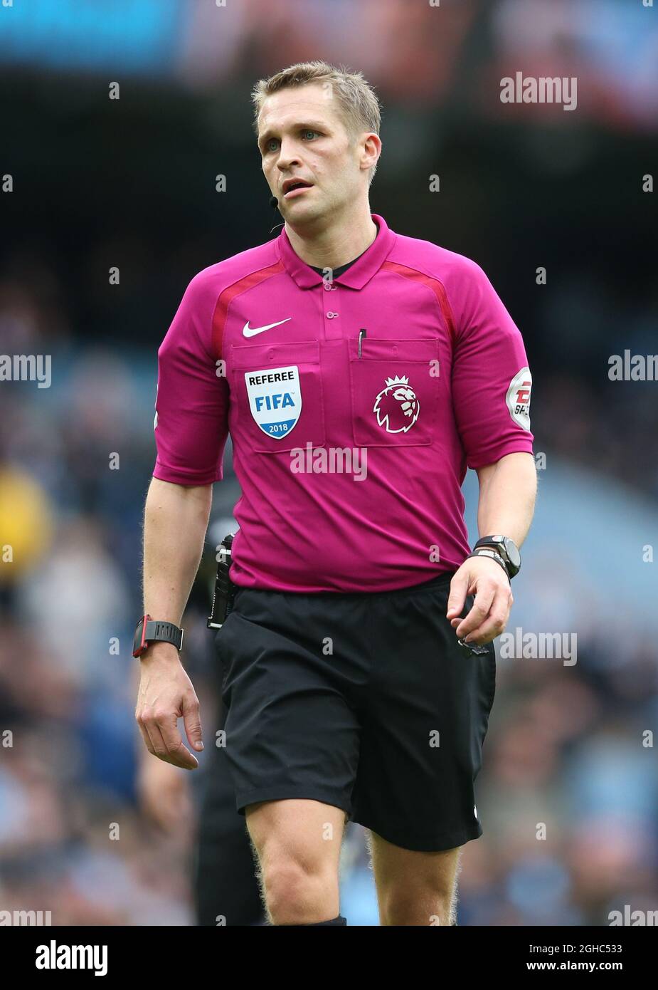Referee Craig Pawson during the premier league match at the Etihad ...