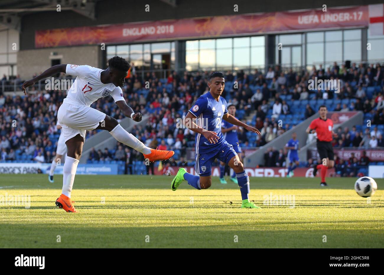 Bukayo Saka of England takes a shot on goal during the group stage ...
