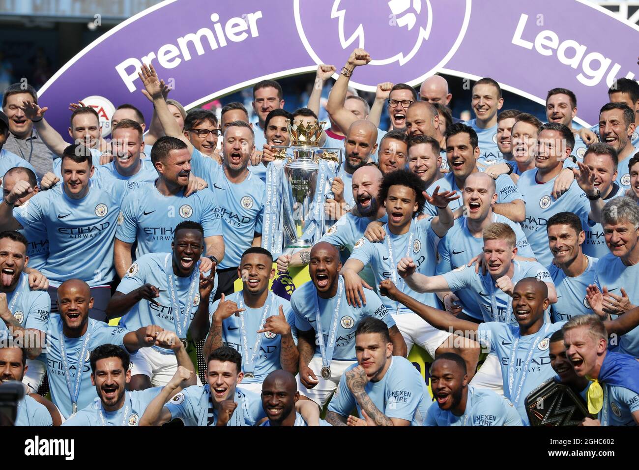 Manchester City's Pep Guardiola with the trophy during the premier ...