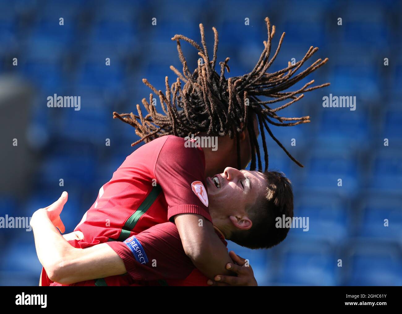 Goalscorer Bernardo Silva (r) celebrates with Jair Tavares of Portugal ...