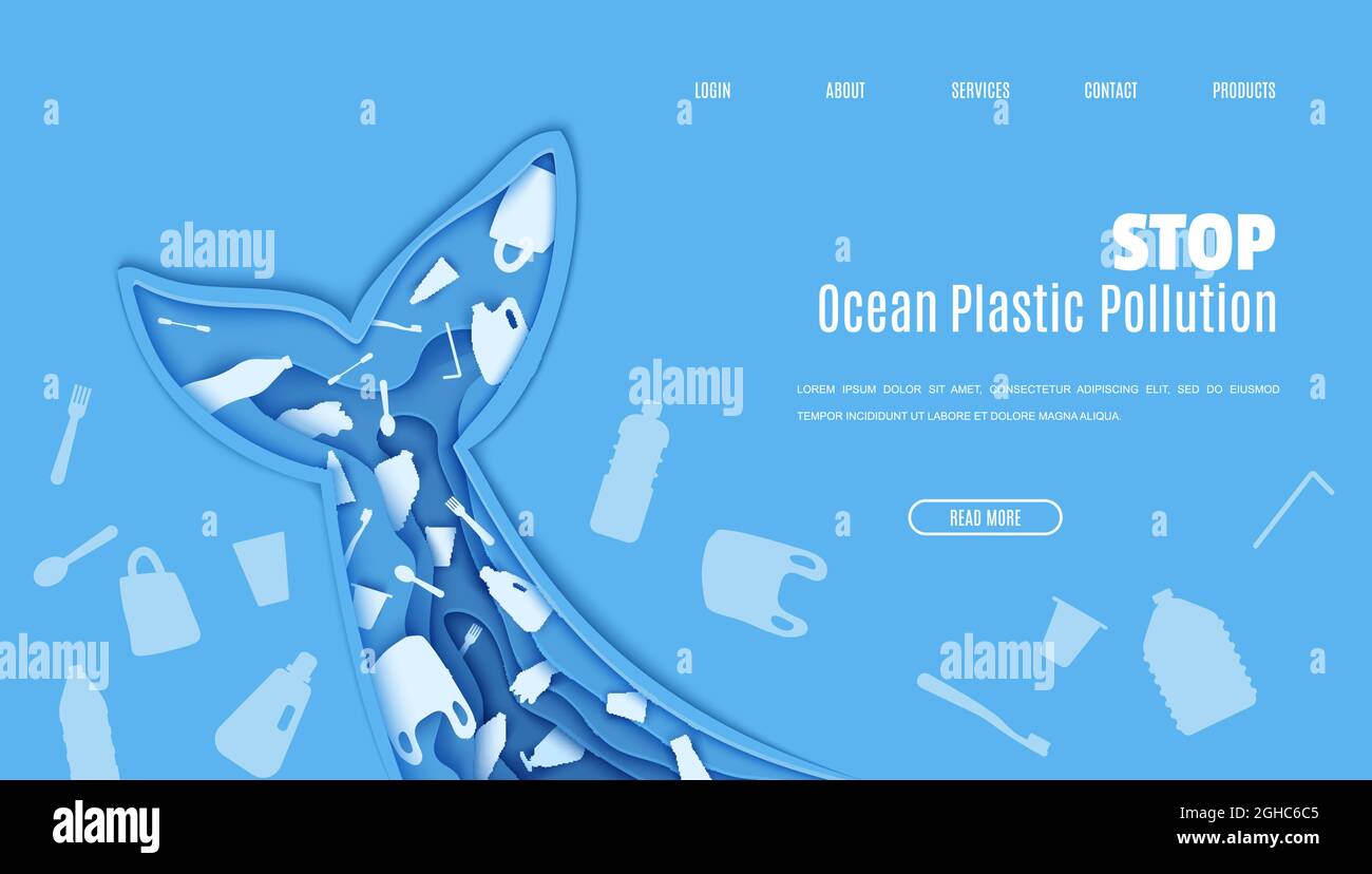 Web page design template stop ocean plastic pollution in paper cut ...