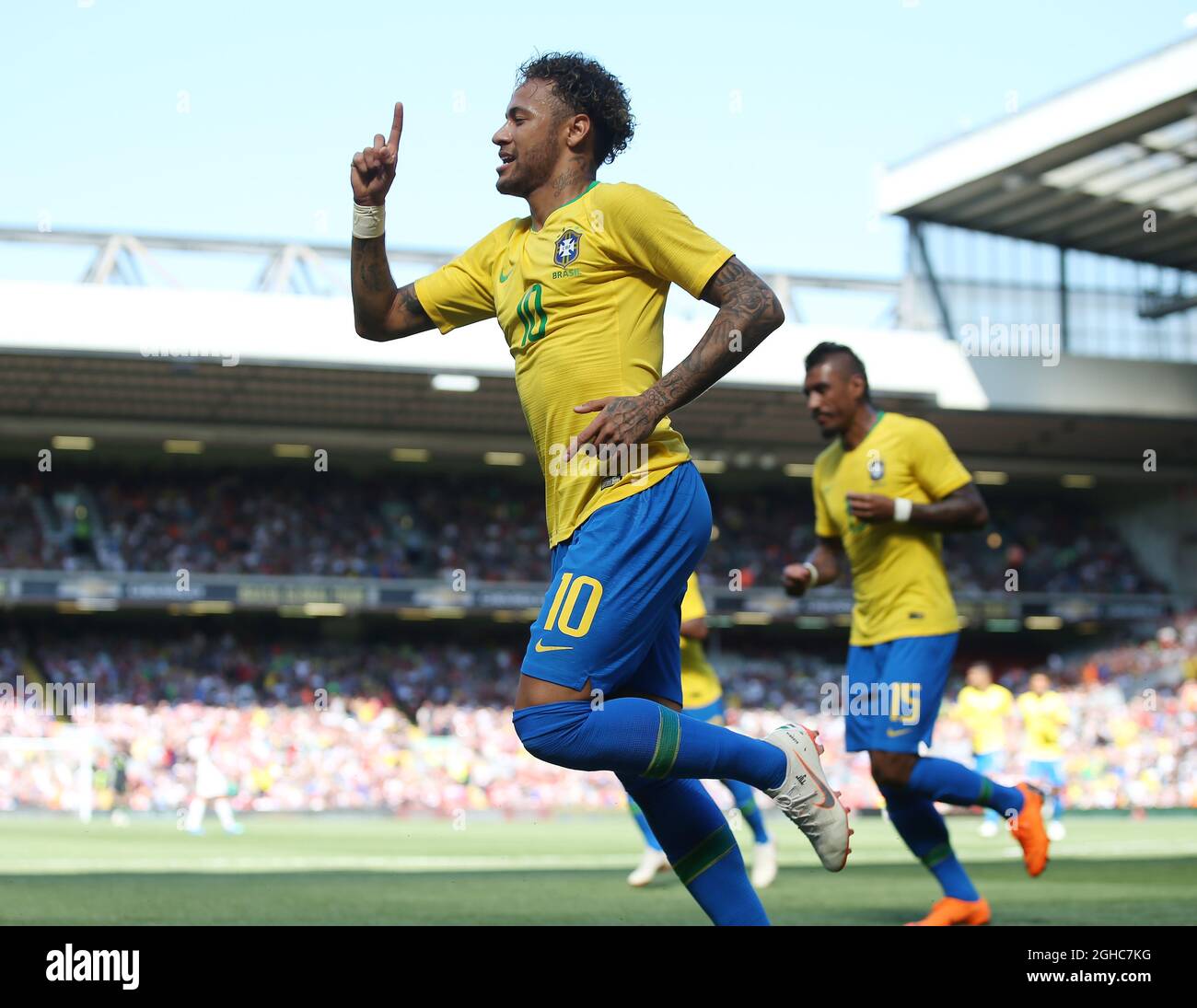 Neymar Junior of Brazil celebrates scoring the first goal during the ...