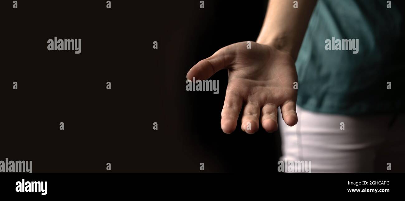Young person offering a helping hand, invitation gesture banner with ...