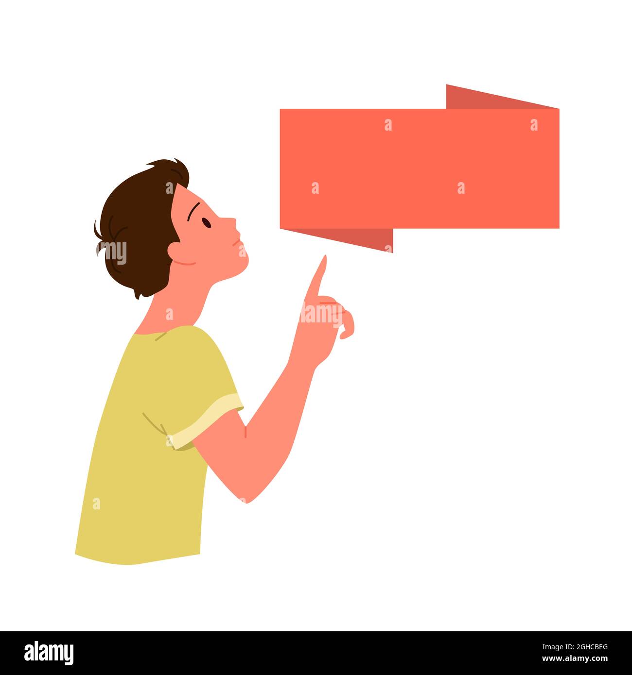 Child boy pointing finger on banner blank poster with empty copy space ...