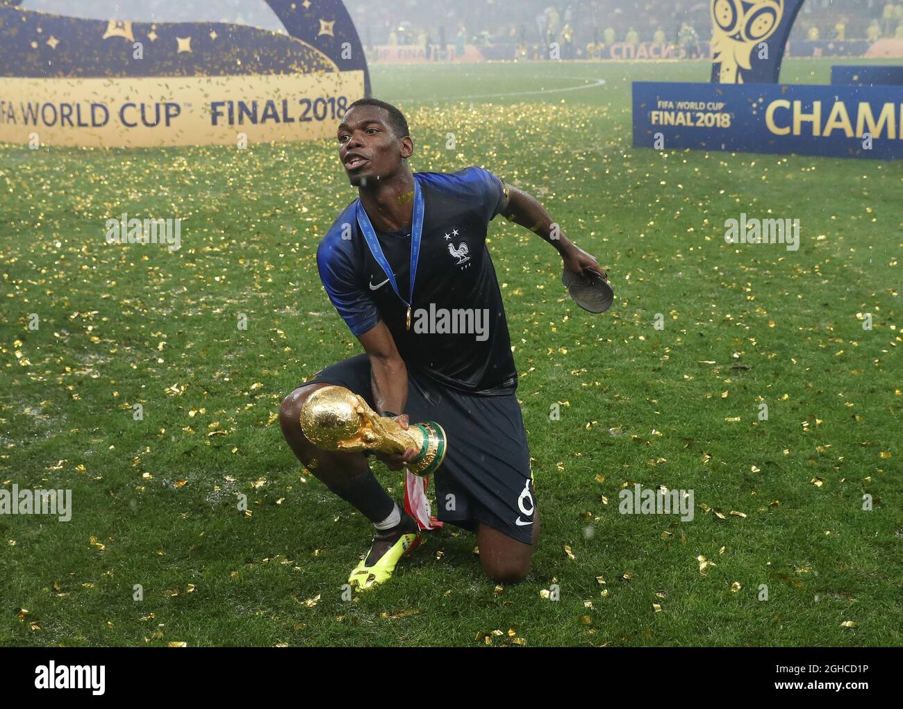 Paul Pogba of France holds the world cup trophy during the FIFA World ...