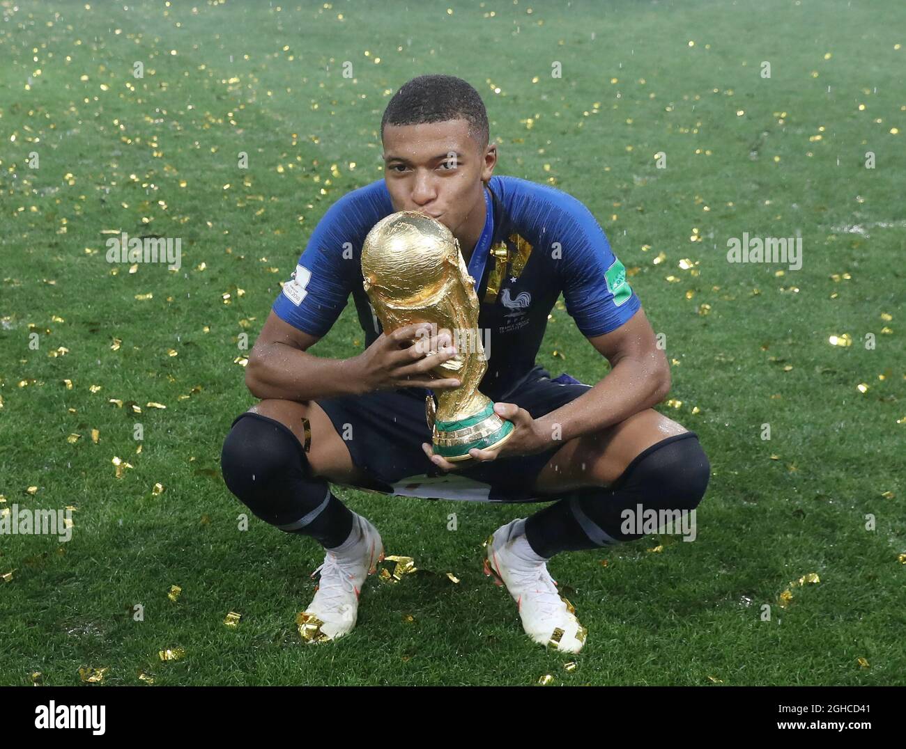 Kylan Mbappe of France kisses the World cup trophy during the FIFA ...