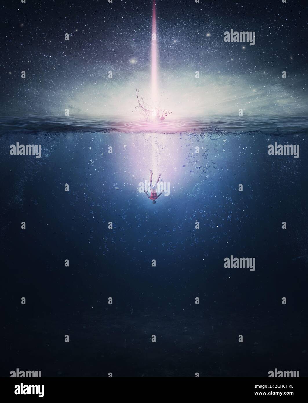 Surreal scene with a person falling underwater, like a comet from the ...
