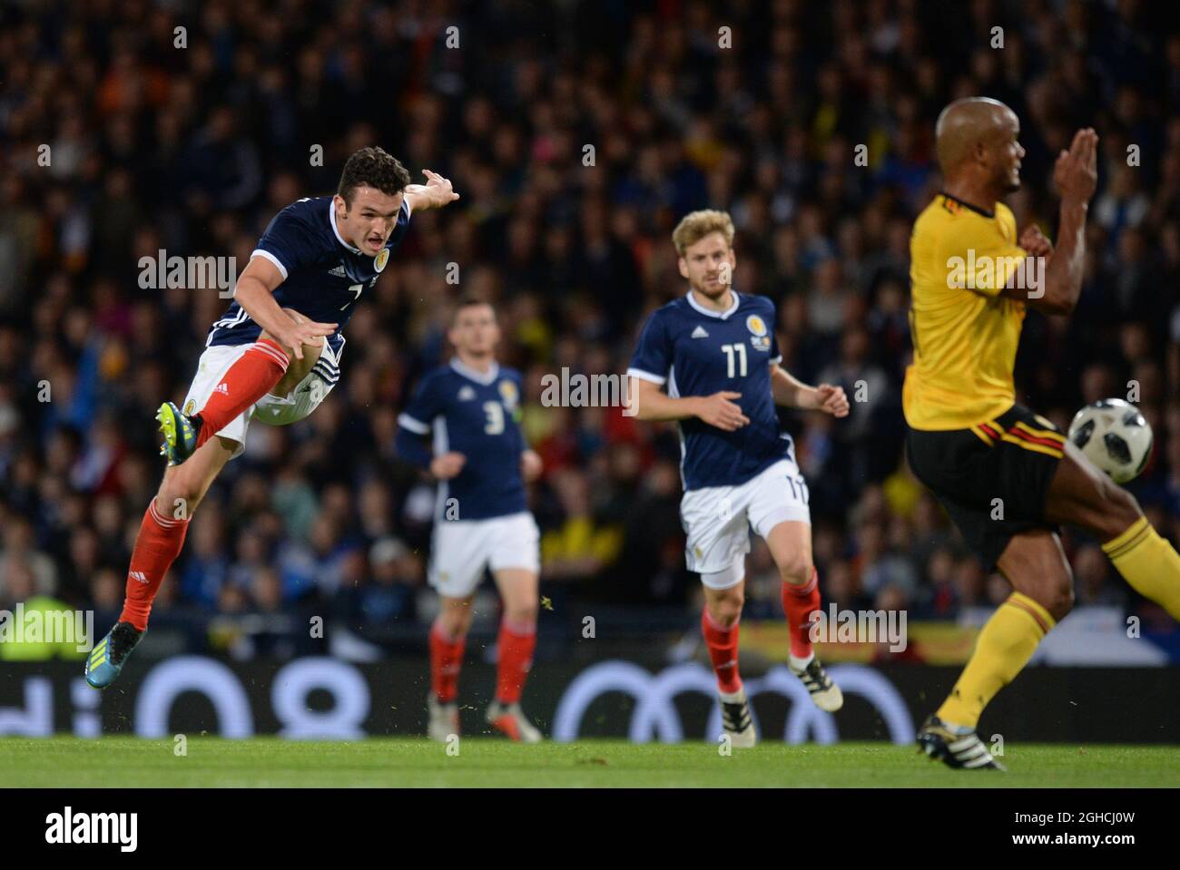 John McGinn of Scotland fires a shot at goal during the International ...