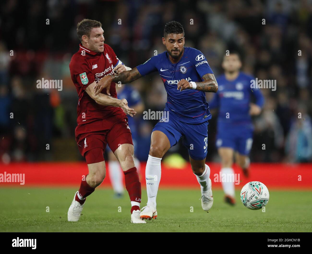James Milner of Liverpool tackles Emerson Palmieri of Chelsea during ...