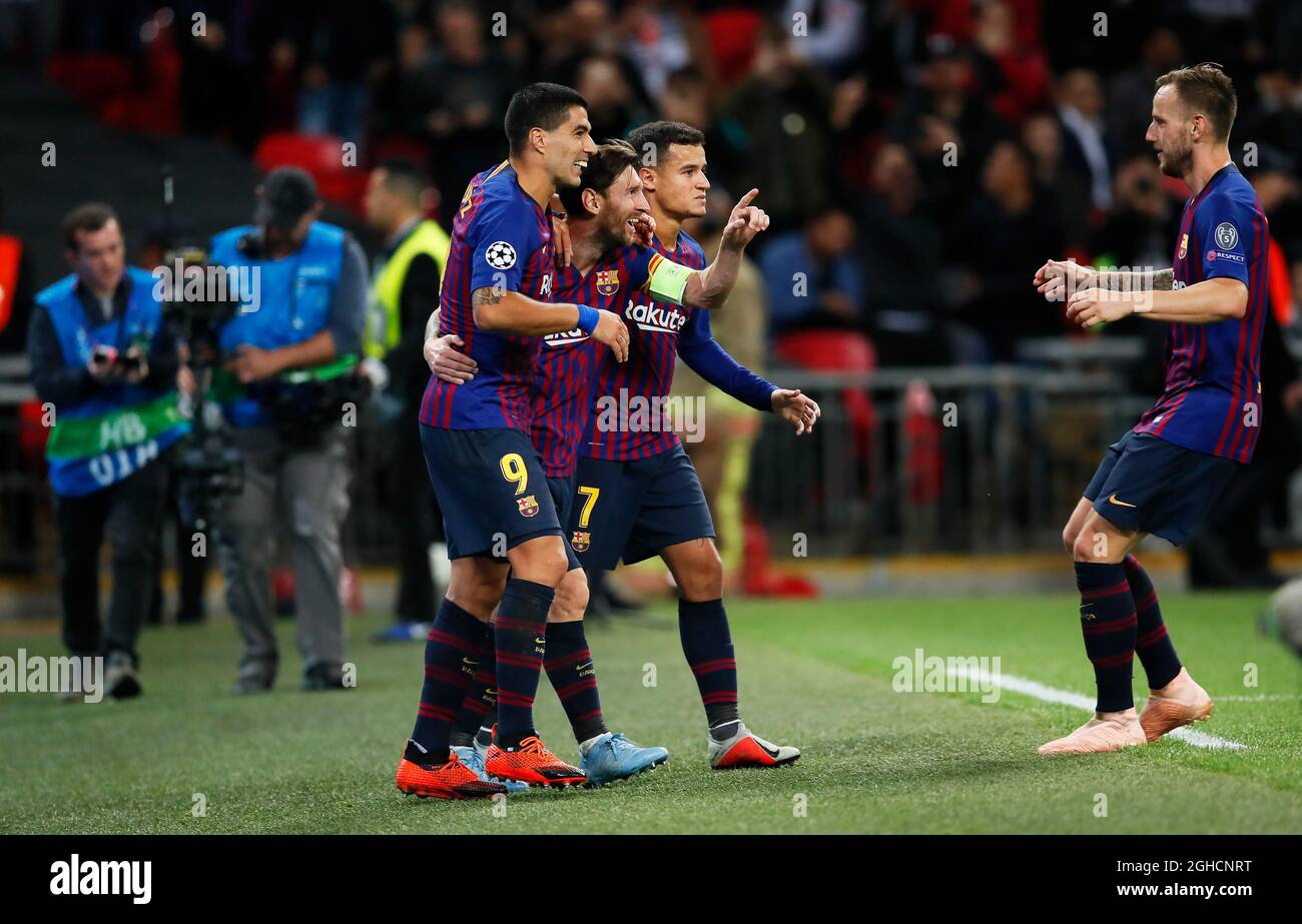 Barcelona's Lionel Messi celebrates after scoring his teams third goal ...